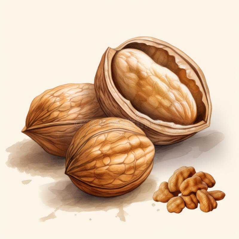 High-resolution Watercolor Clipart of a Detailed Walnut Stock ...
