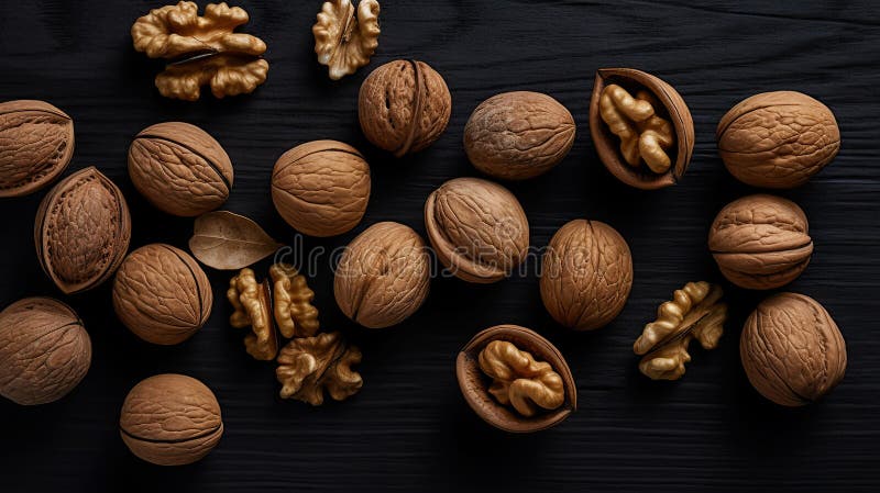 Walnuts with and without Shells Filling the View on Dark Background ...