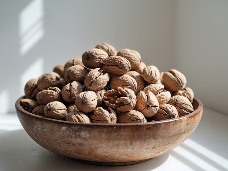 Walnuts in Shells Piled in a Wooden Bowl Stock Image - Image of ...