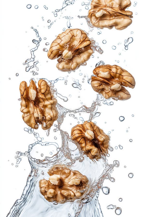 Walnuts Splashing into Water on White Background Stock Illustration ...