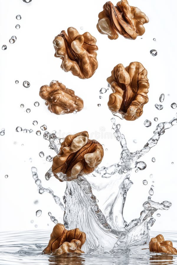 Walnuts Splashing into Water on White Background Stock Illustration ...