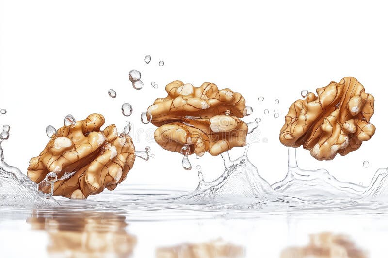 Walnuts Splashing into Water on White Background Stock Illustration ...