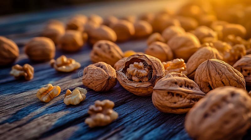 Walnuts Spread Out Across a Wooden Table Stock Illustration ...