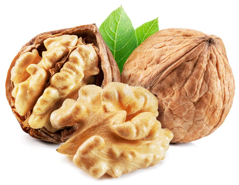 Walnuts, Walnut Kernel and Green Leaves Isolated on White Background ...