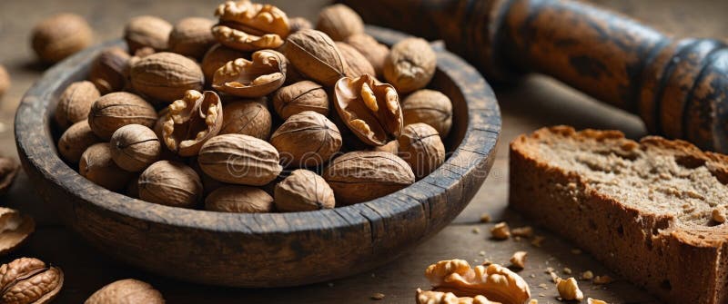 Walnuts in a Wooden Bowl with Nutcracker and Bread, Rustic Still Life ...