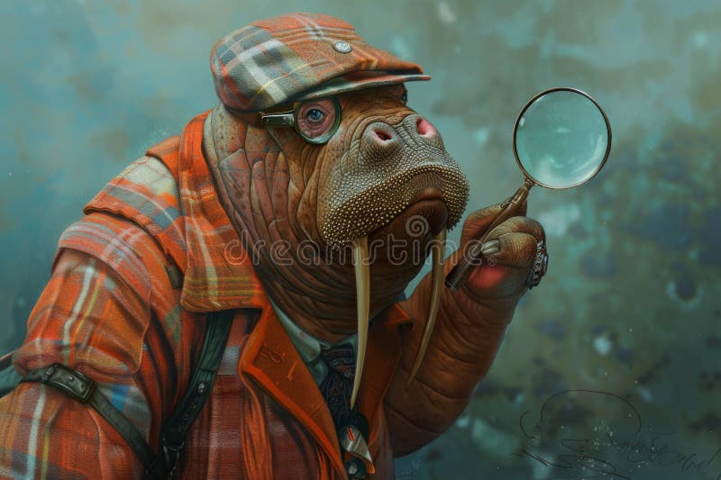 A Walrus in a Detective Outfit Snooping Around with a Magnifying Glass ...