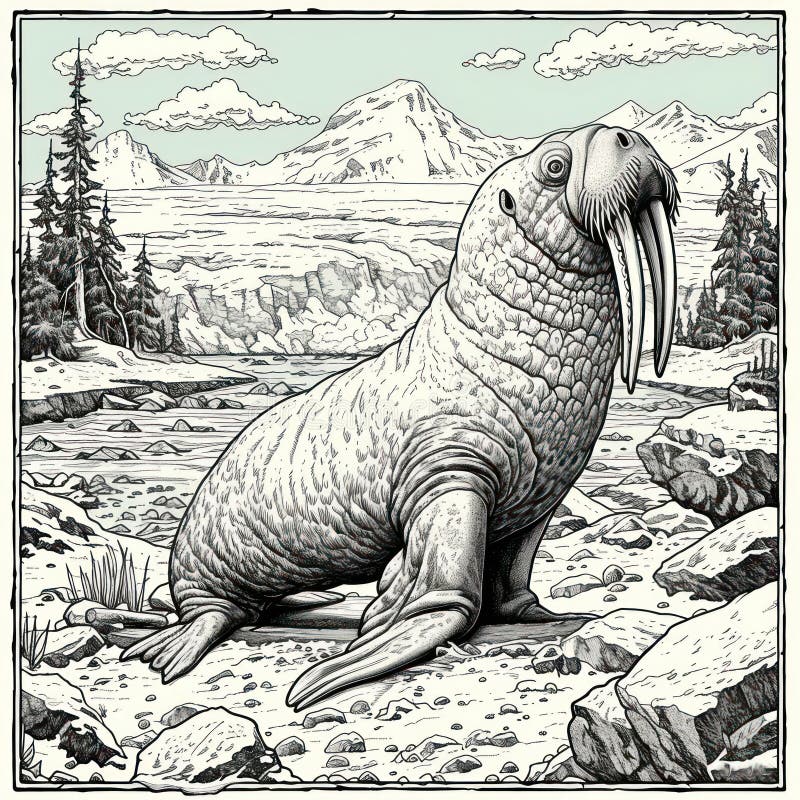 Walrus Drawing Coloring Book Page Stock Illustration - Illustration of ...