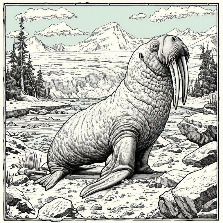 Walrus Drawing Coloring Book Page Stock Illustration - Illustration of ...