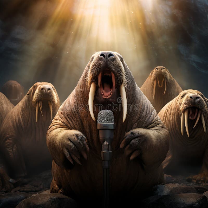 Walrus Group Singing Under Spotlight in Dramatic Cave Setting Stock ...