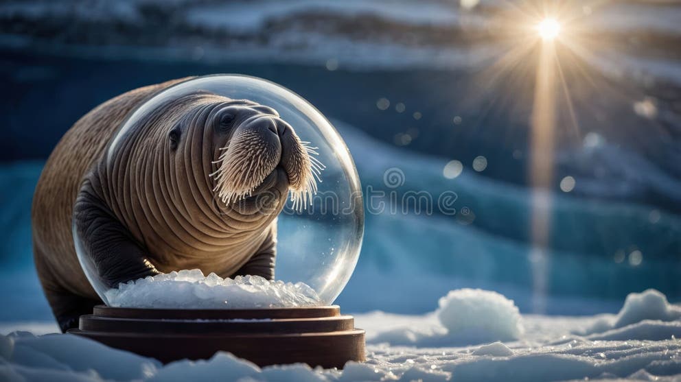 Adorable Walrus in a Glass Snow Globe on Arctic Ice Stock Illustration ...