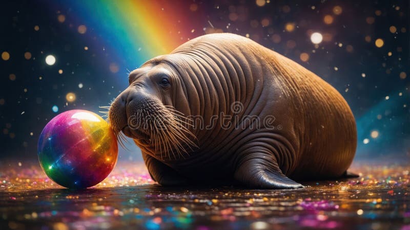 Playful Walrus Pup with Rainbow Ball and Confetti Stock Illustration ...