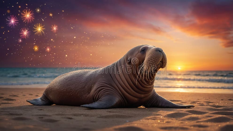 Walrus on Beach at Sunset with Fireworks, Celebrating New Year Stock ...