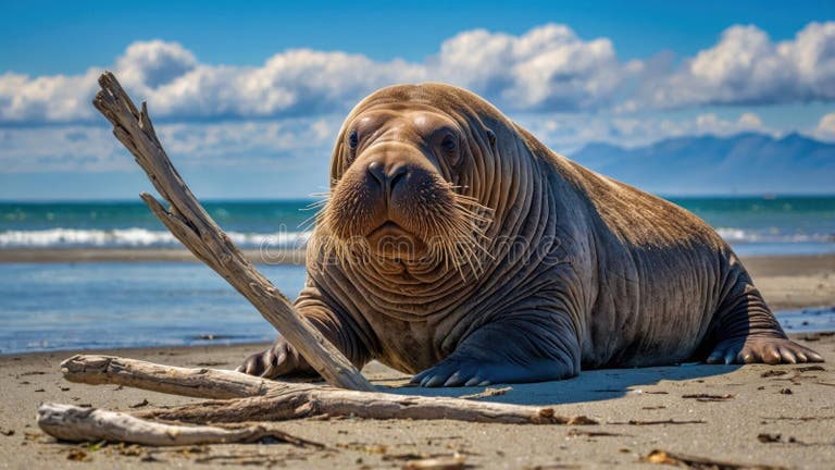Adorable Walrus Pup Resting on Sandy Beach with Driftwood Stock ...