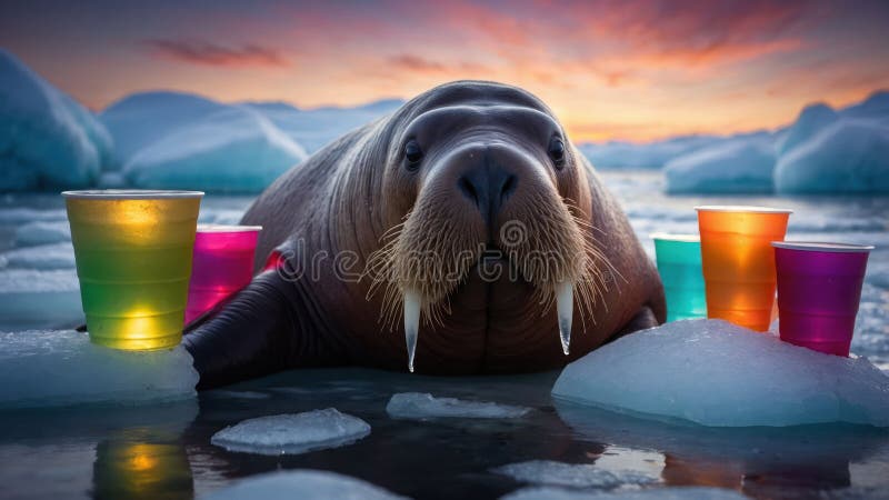 Walrus Relaxing on Ice Floes at Sunset with Colorful Cups Stock ...