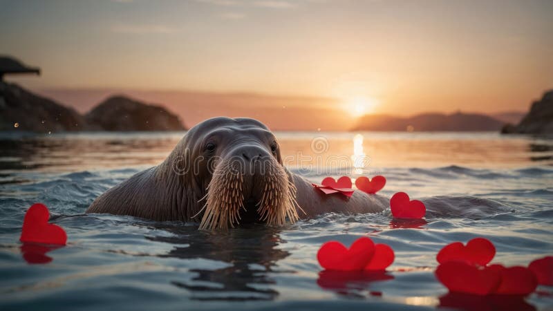 Romantic Walrus in Sunset Sea with Red Hearts Stock Illustration ...