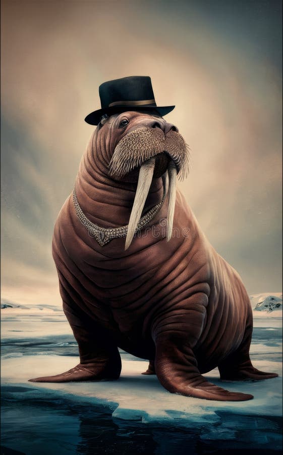 A Walrus Wearing a Hat and Standing on Ice, AI Stock Illustration ...