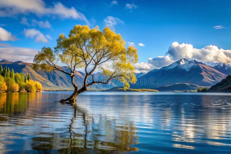 Wanaka Tree Autumn Reflection, Lake, Mountains, Sunrise, Postcard Stock ...