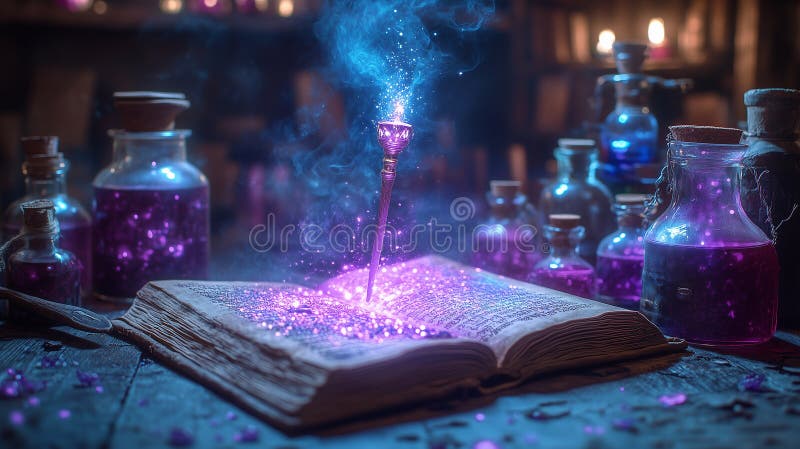 Magic Wand Casting Light on an Open Book with Potion Bottles Around it ...