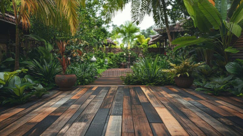 Wander Lush Tropical Garden Path with Wooden Decking and Foliage Theme ...