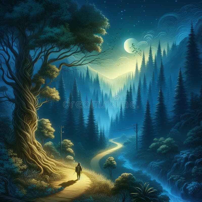 Wanderer on a Moonlit Path through a Mystical Forest, Surrounded by ...