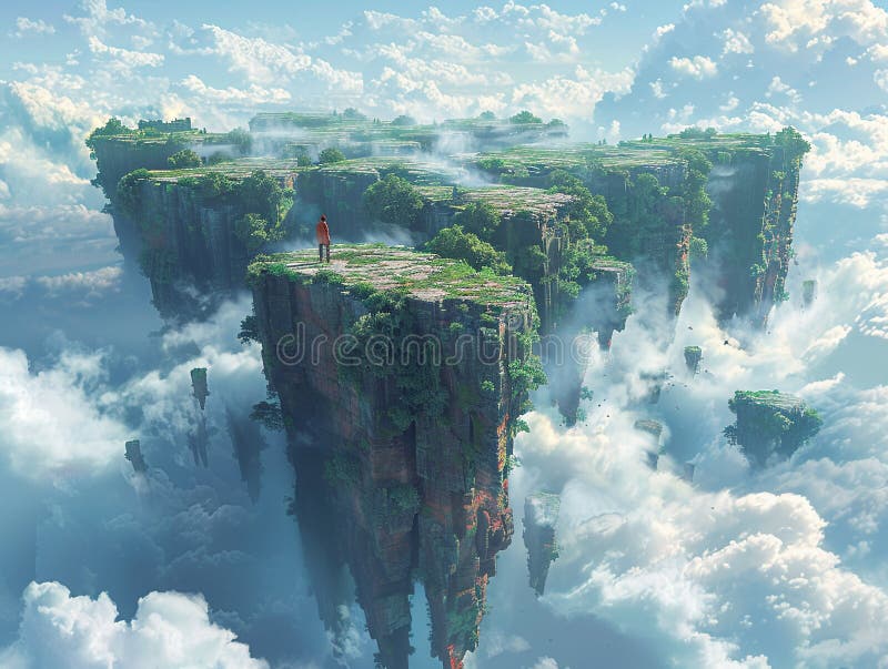 Wanderer in a Realm of Floating Islands Stock Photo - Image of airborne ...