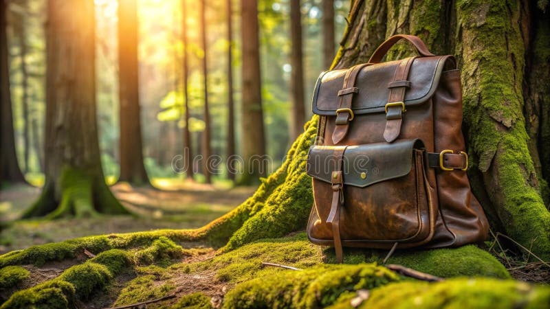 The Wanderer S Rest: a Vintage Leather Backpack Leaning Against a Moss ...