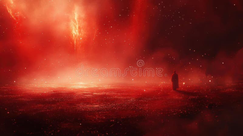Wanderer Stands in Red Space with Glowing Dust Concept Theme Stock ...
