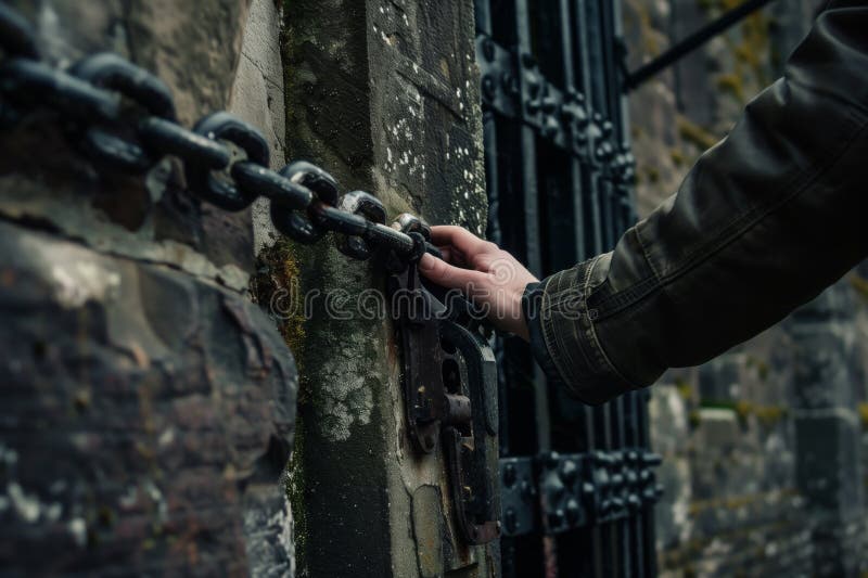 Wanderer Touching the Castles Old Chain Gate Mechanism Stock ...