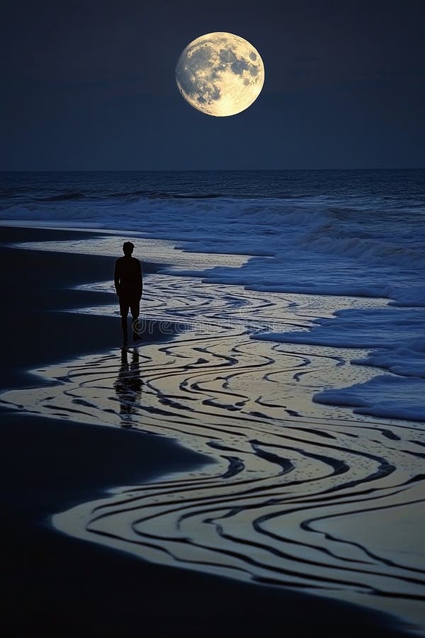 A Wanderer Tracing Patterns in the Sand of a Beach Under a Full Moon ...