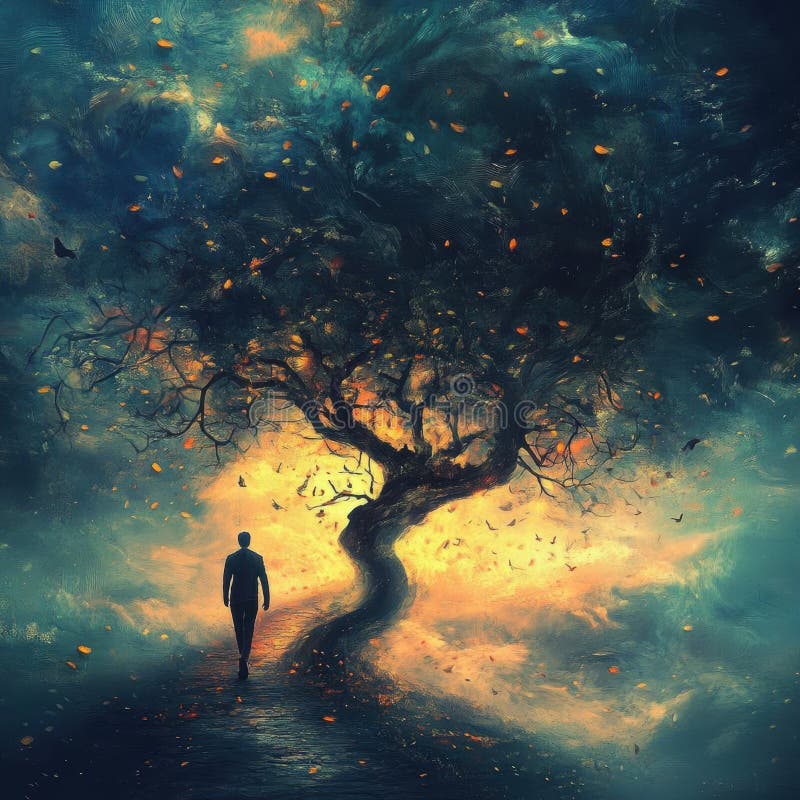 The Wanderer and the Tree of Change Stock Photo - Image of digital ...