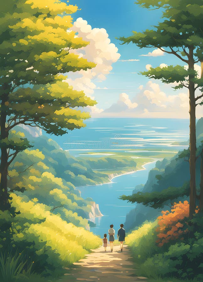 Wandering in the Beautiful Nature Anime Style Illustration Stock ...