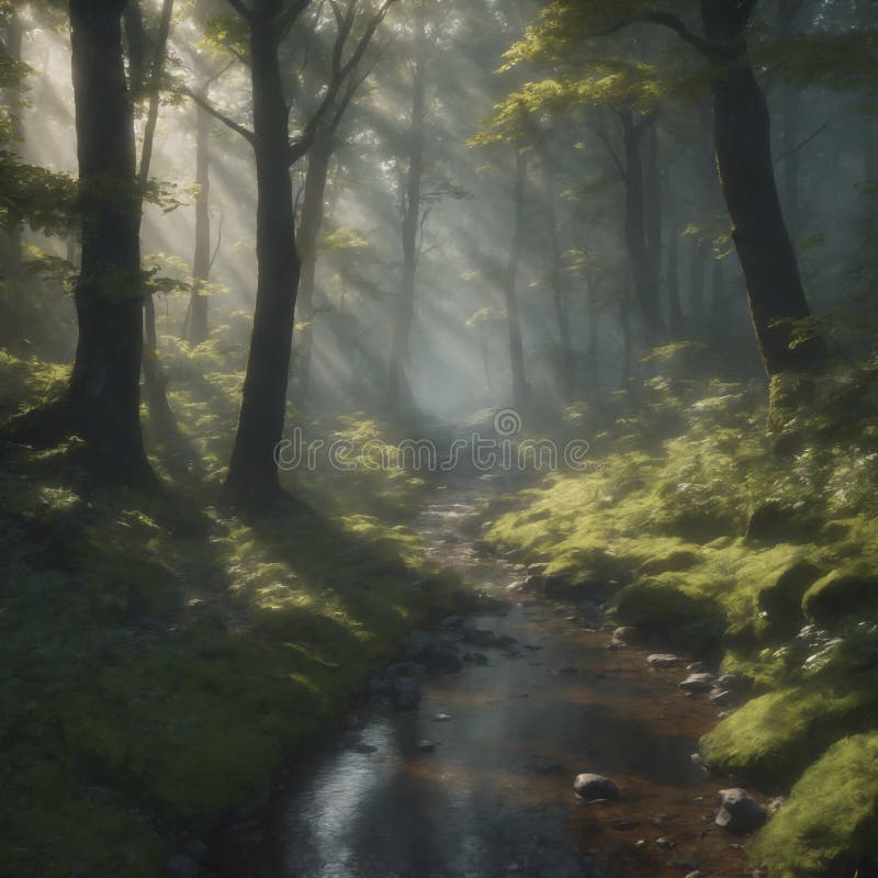 Wandering through an Eerie Forest Path with a Brook Alongside the Path ...