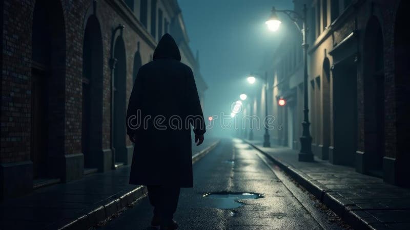A Wandering Man Walks Along a Night Street from Behind Stock Image ...