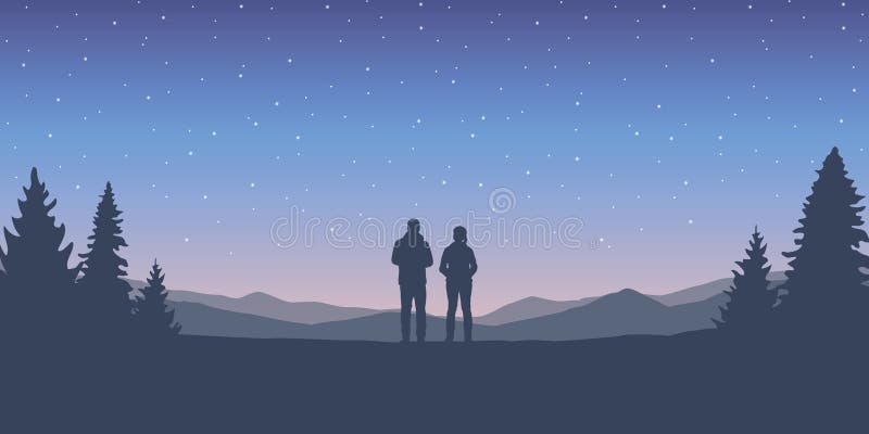 Wanderlust Adventure Couple in the Wilderness at Night Stock Vector ...