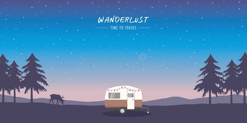 Wanderlust Camping Adventure in the Wilderness with Camper and Deer ...