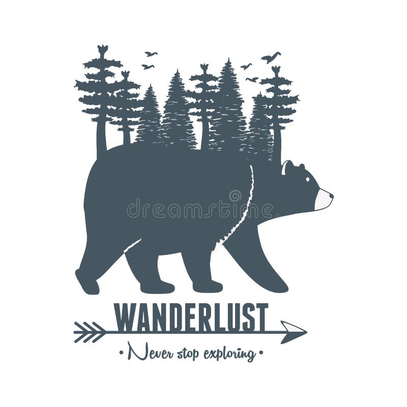 Wanderlust Label with Forest Scene and Grizzly Bear Stock Vector ...