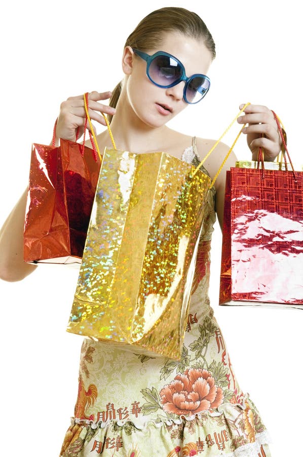 Woman White Dress Looking Inside Shopping Bag Stock Photos - Free ...