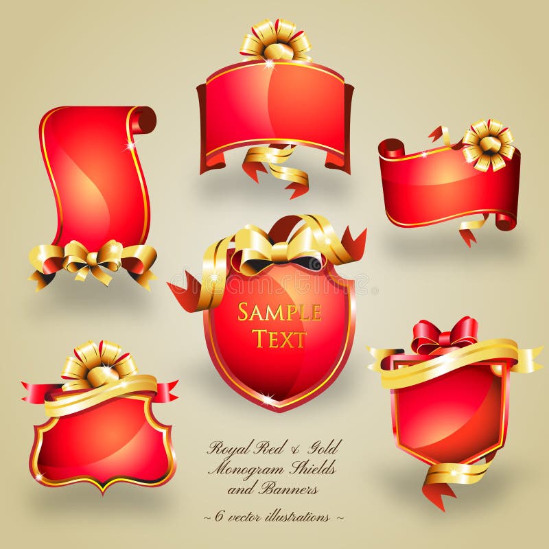 Six Regal Gold Monogram Shields and Banners Stock Vector - Illustration ...