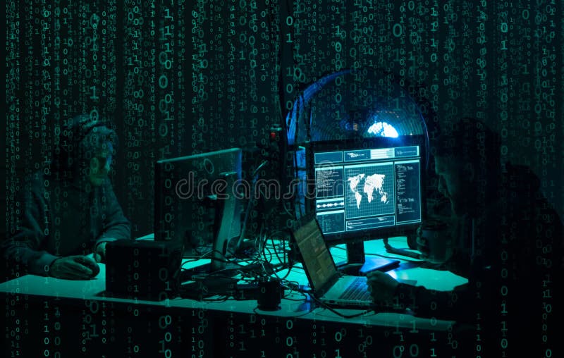 Wanted Hackers Coding Virus Ransomware Using Laptops and Computers. Cyber Attack, System ...