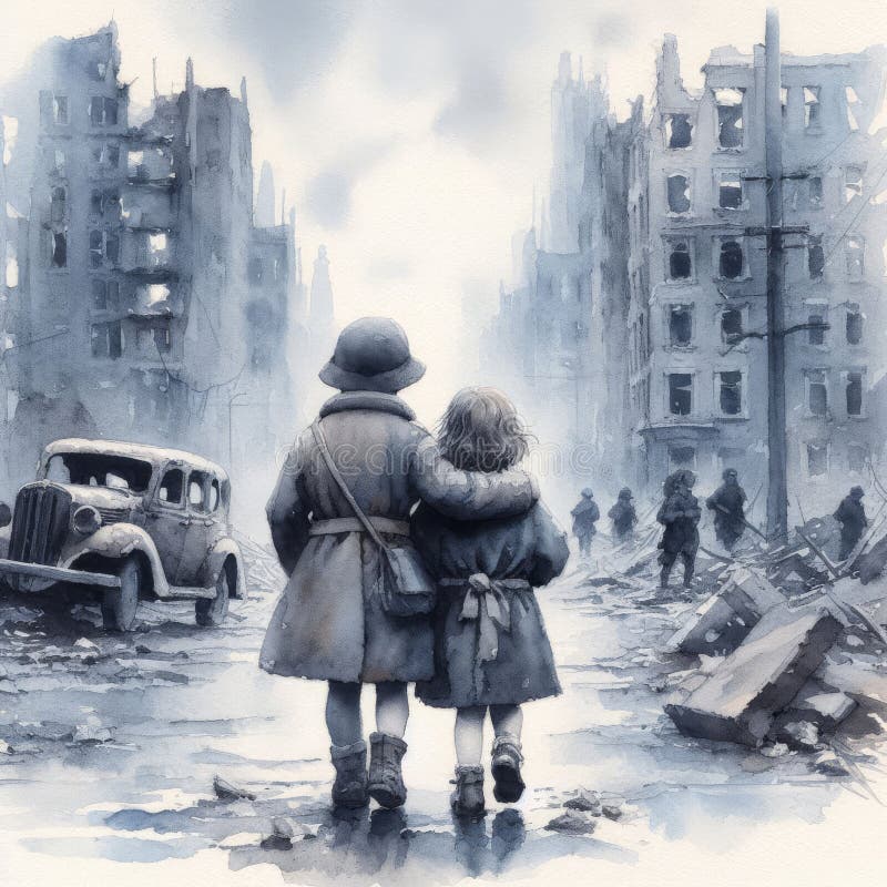 War Aftermath through Eyes of Two Children Stock Illustration ...