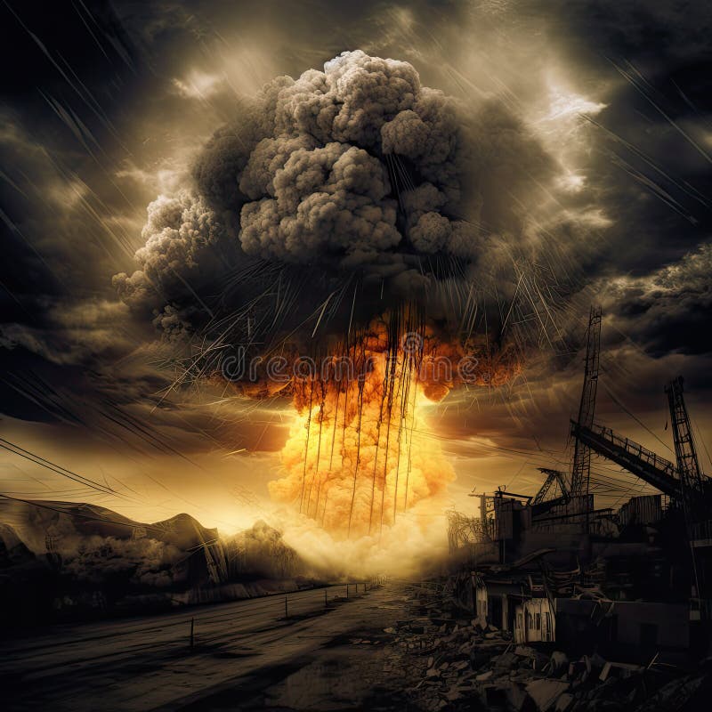 Terrible War Bomb Explosion Near Energetic Object. Atomic Nuclear Bomb with Black Cloud of ...
