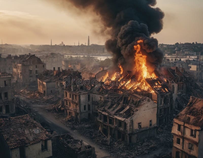 War. a Burning Building in the Old Town Stock Illustration ...