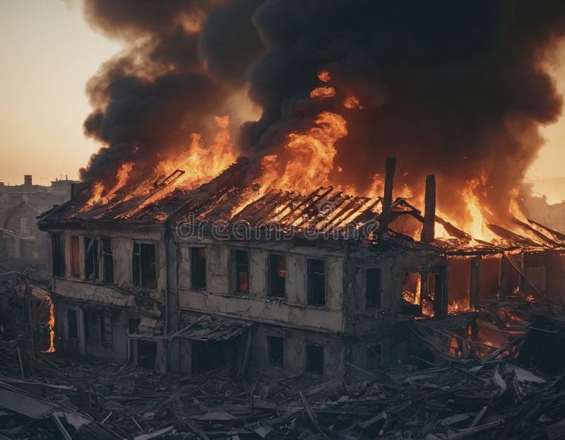 War. a Burning Building in the Old Town Stock Illustration ...