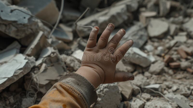 War Concept: Innocent Child S Hand Emerging from Debris, Cry for Peace ...
