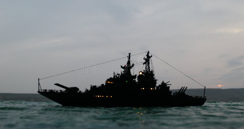 War Concept. Night Battle Scene at Sea. Dramatic Toned Clouds Effect ...