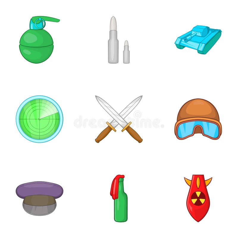 War Equipment Icons Set, Cartoon Style Stock Vector - Illustration of ...