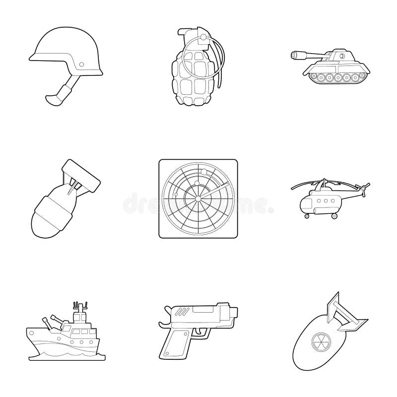 War Equipment Icons Set, Outline Style Stock Vector - Illustration of ...