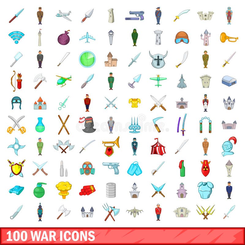 100 War Icons Set, Cartoon Style Stock Vector - Illustration of icons ...