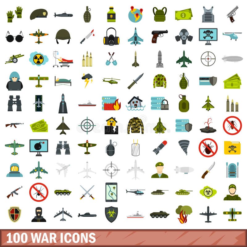 100 War Icons Set, Flat Style Stock Vector - Illustration of grenade, flat: 89129291
