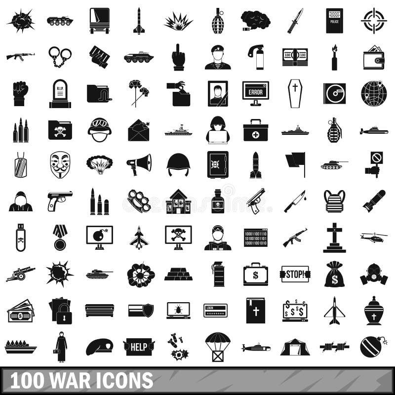 100 War Icons Set, Simple Style Stock Vector - Illustration of grave ...